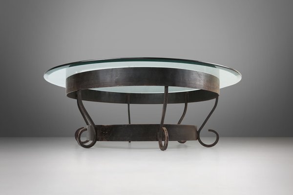 Rustic Round Coffee Table with Wrought Iron Base and Glass Top France 1930s