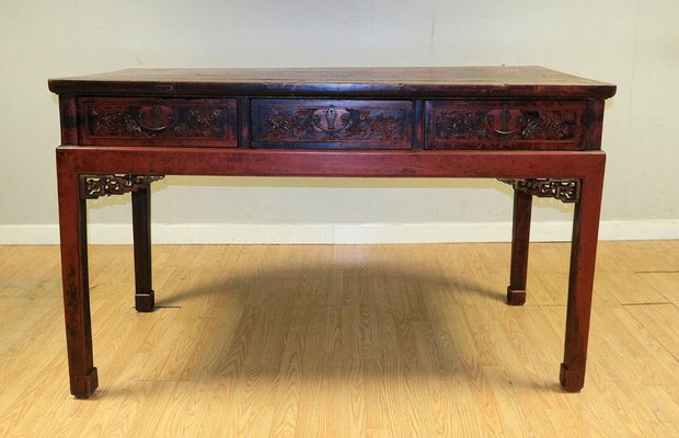 Chinese Chippendale Style Red Lacquered Console Table with 3 Drawers Late 19th Century