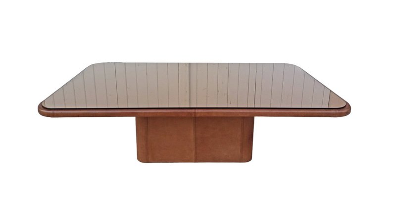 Leather Coffee Table with Glass Top 1980s for sale at Pamono
