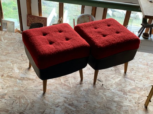 Mid Century Stools or Ottomans in Red and Black 1950s Set of 2 for sale at Pamono
