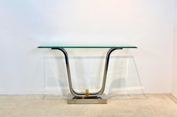 Minimalist Curvaceous Stainless Steel Brass and Glass Console Table for sale at Pamono