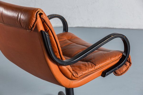 Vintage Brown Leather Swivel Armchair Italy 1970s