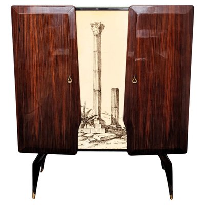 Mid Century Art Deco Italian Tall Wood Brass Decorated Dry Bar Cabinet 1960s