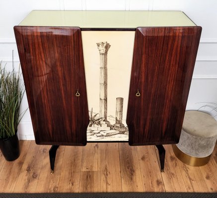 Mid Century Art Deco Italian Tall Wood Brass Decorated Dry Bar Cabinet 1960s