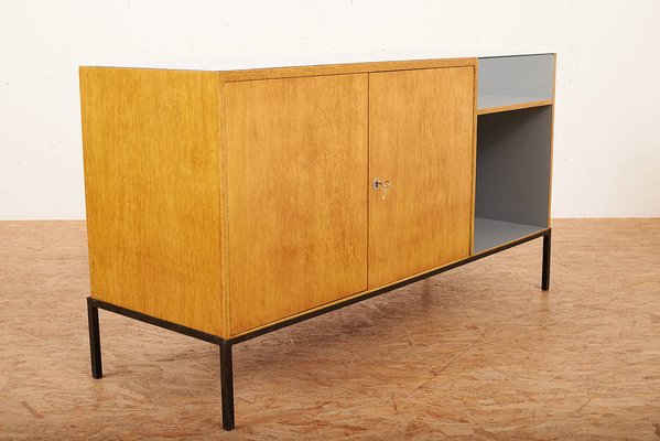 Sideboard in Black Metal Frame Veneered Wood Body with Lockable Double Doors