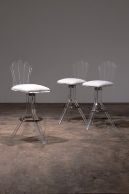 Acrylic Glass Bar Stools and Chrome Swivel Bar Chairs from Hill Manufacturers 1970s Set of 3 for sale at Pamono