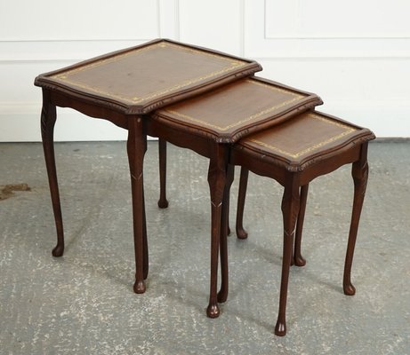 Vintage Queen Anne Nest of Tables with Legs with Brown Embossed Leather Top