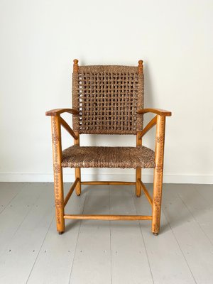 Modernist Carved Wooden Chair with Woven Rope Seat and Back Netherlands 1930s