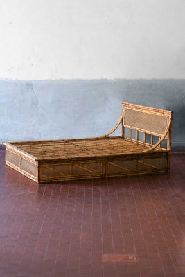 Double Bed with Bamboo and Vienna Straw Headboard 1980s