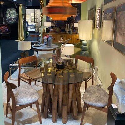 Bamboo Base Round Dining Table with Glass Top 1950s