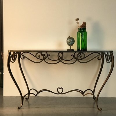 French Art Deco Wrought Iron Dining Table with Black Colored Glass 1930s for sale at Pamono