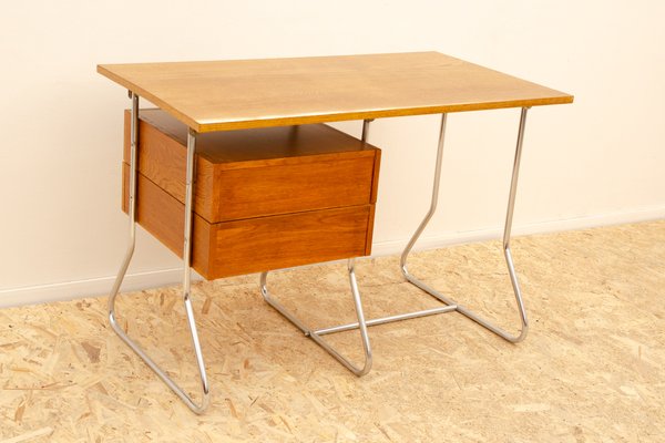 Modernist Czechoslovak Chrome and Wood Writing Desk Europe 1950s