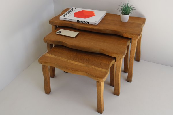 Vintage French Brutalist Nesting Tables in Oak 1960 Set of 3