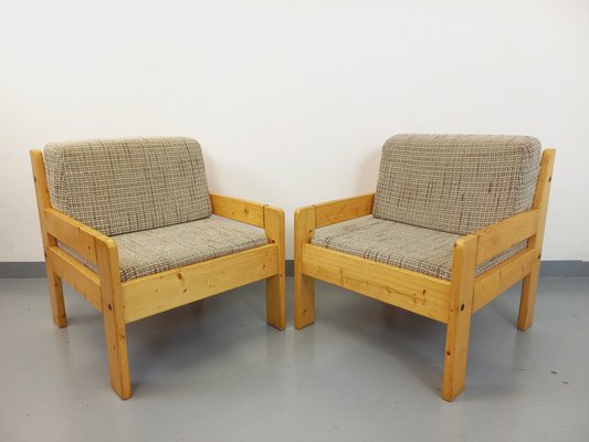 Vintage Fireside Chairs in Pine and Fabric 1970s Set of 2