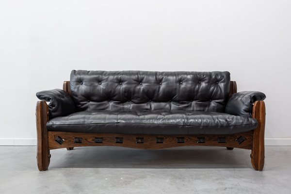 Second Half of the 19th Century American Two Seater Sofa in Wood and Black Leather 1970s for sale at Pamono