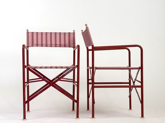 Burgundy Metal and Fabric Folding Directors Chairs 1970s Set of 4 for sale at Pamono