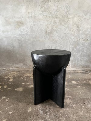 Blackened Mango Wood Stool with Semi Circular Seat with Crossed Base for sale at Pamono