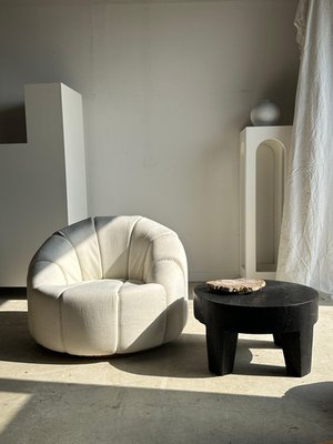 Large White Circular Armchair with White Fabric Upholstery