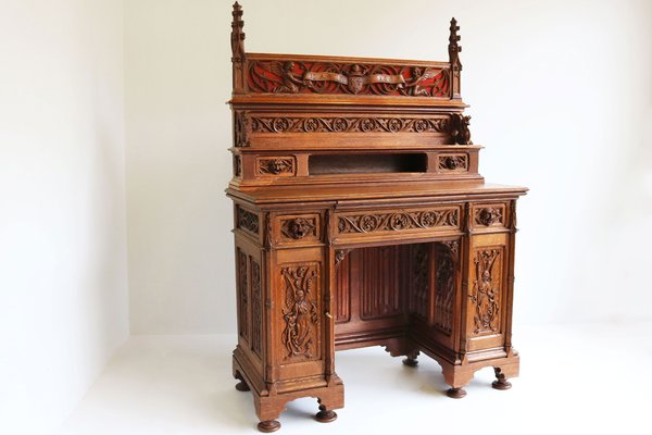 19th Century Gothic Revival Writing Desk in Carved Oak with Angels Dragons 1870s