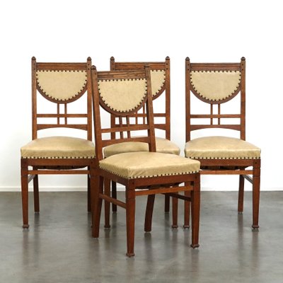 Antique Art Nouveau Style Dining Chairs with Light Skai Leather Upholstery Set of 4 for sale at Pamono