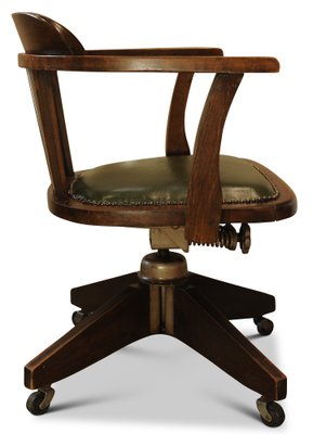 Victorian Oak Revolving Railback Desk Chair with Racing Green Leather Seat 1890s