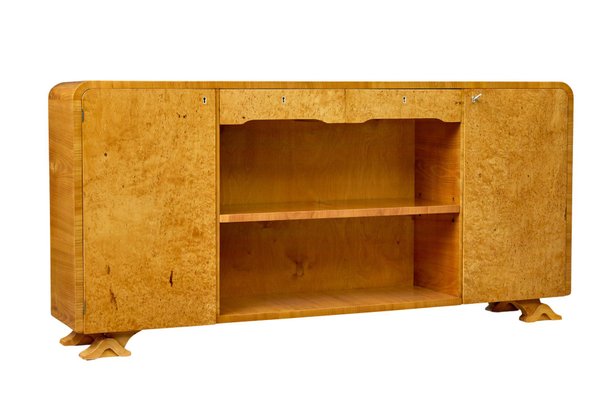 Art Deco Scandinavian Burr Elm Low Open Bookcase 1930s