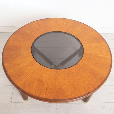Mid Century Round Coffee Table with Smoked Glass Top and Brass Feet from G Plan 1960s