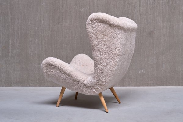 Exceptional Organic Swedish Modern Easy Chair in Sheepskin and Beech 1940s
