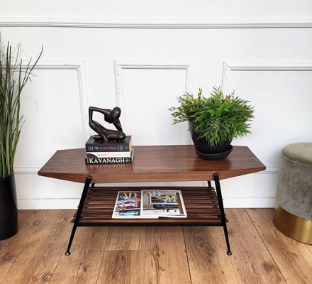 Mid Century Modern Italian Octagonal Metal Brass Slat Wood Coffee Table 1950s