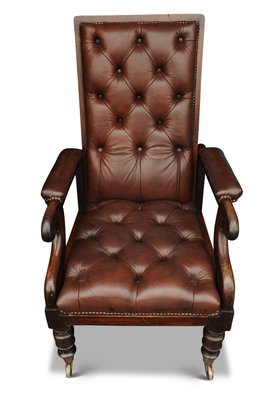 William IV Leather Button Back Reclining Library Chair on Brass Castors