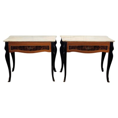 Italian Art Deco Marquetry Wood Marble Top Bedside Tables 1950s Set of 2 for sale at Pamono