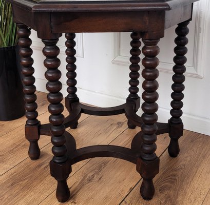 Italian Hexagonal Black Walnut Side Table Stool with Bobbin Turned Legs 1890s