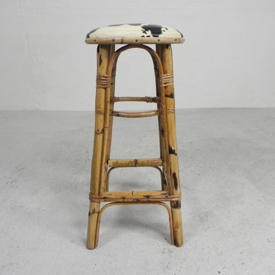 Bamboo Bar Stool with Leatherette Seat in Cow Print 1950s for sale at Pamono