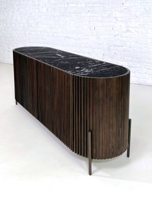 Brutalist Style Rounded Sideboard in Wood and Black Marble Top from Henri Paris