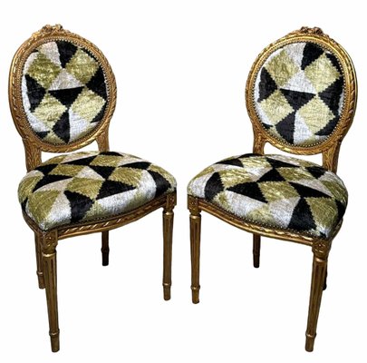 Wooden Chairs with Gold Leaf Finish and Ikat Silk Velvet 1870 Set of 2 for sale at Pamono
