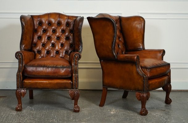 Chesterfield Wingback Chairs in Brown Leather 1920s Set of 2 for sale at Pamono