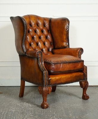Chesterfield Wingback Chairs in Brown Leather 1920s Set of 2 for sale at Pamono
