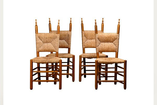 Spanish Brutalist Rustic Dining Chairs in Oak and Rush Set of 4
