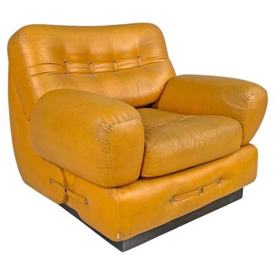 Italian Modern Mustard Yellow Faux Leather Armchair with Silver Details 1970s