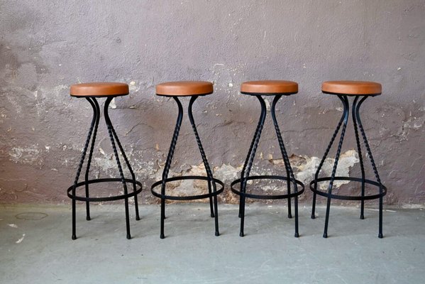 Vintage Bar Stools in Metal and Leatherette 1950s Set of 4 for sale at Pamono
