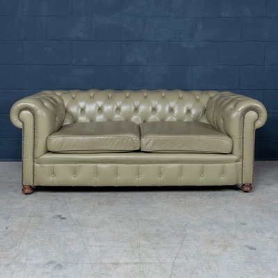 Vintage English Chesterfield Sofa in Olive Green Leather 1980