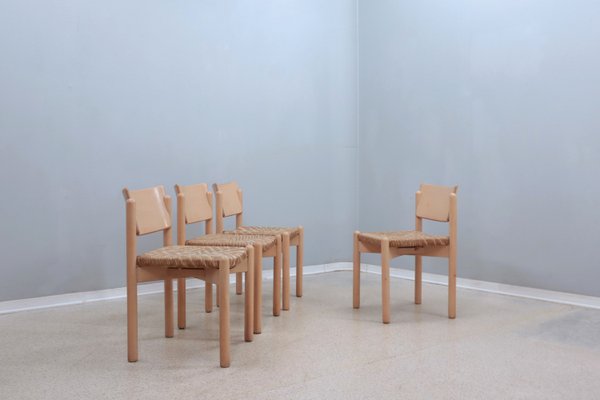 Vintage Rustic Dining Chairs with Straw Seat attributed to Renato Toso 1970s Set of 4 for sale at Pamono