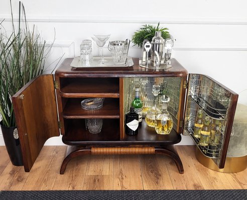 Mid Century Art Deco Italian Walnut Burl and Mirror Mosaic Dry Bar Cabinet by Paolo Buffa 1940s