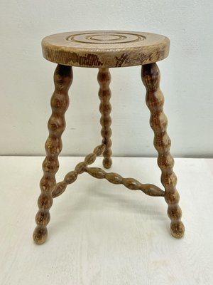 French Tripod Bobbin Turned Wooden Stool 1950s
