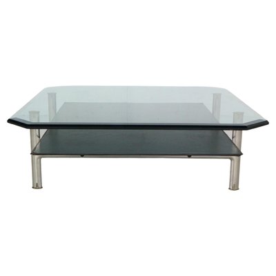 Diesis Two Tier Glass and Leather Coffee Table attributed to Antonio Citterio for B b Italia C b Italia 1970 for sale at Pamono