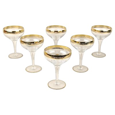 Engraved Murano Champagne Coupe Glasses with Gold Rim 1940 Set of 6
