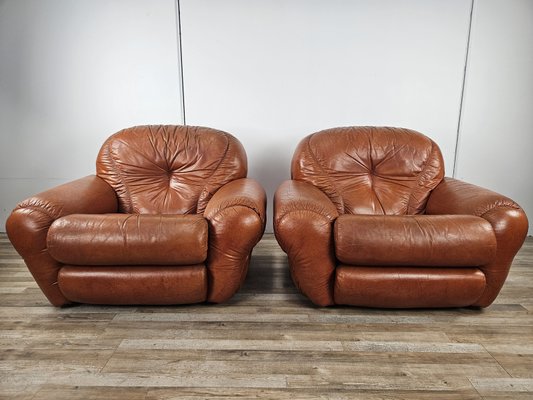 Large Mid Century Brown Leather Armchairs 1970 Set of 2 for sale at Pamono