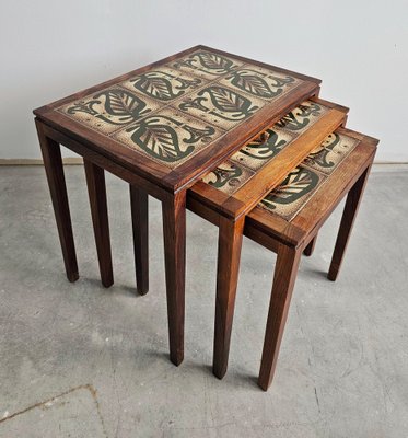 Mid Century Rosewood Nesting Tables with Tiles Top Denmark 1960s Set of 3