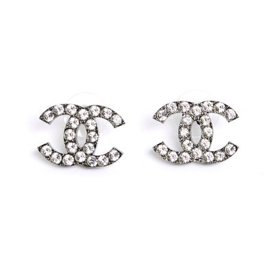 Maxi CC Dark Silver Metal Diamond Earrings from Chanel 2005 Set of 2