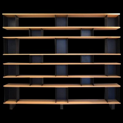 Horizontal Matte Black Steel and Oak Bookcase by Design Freres
